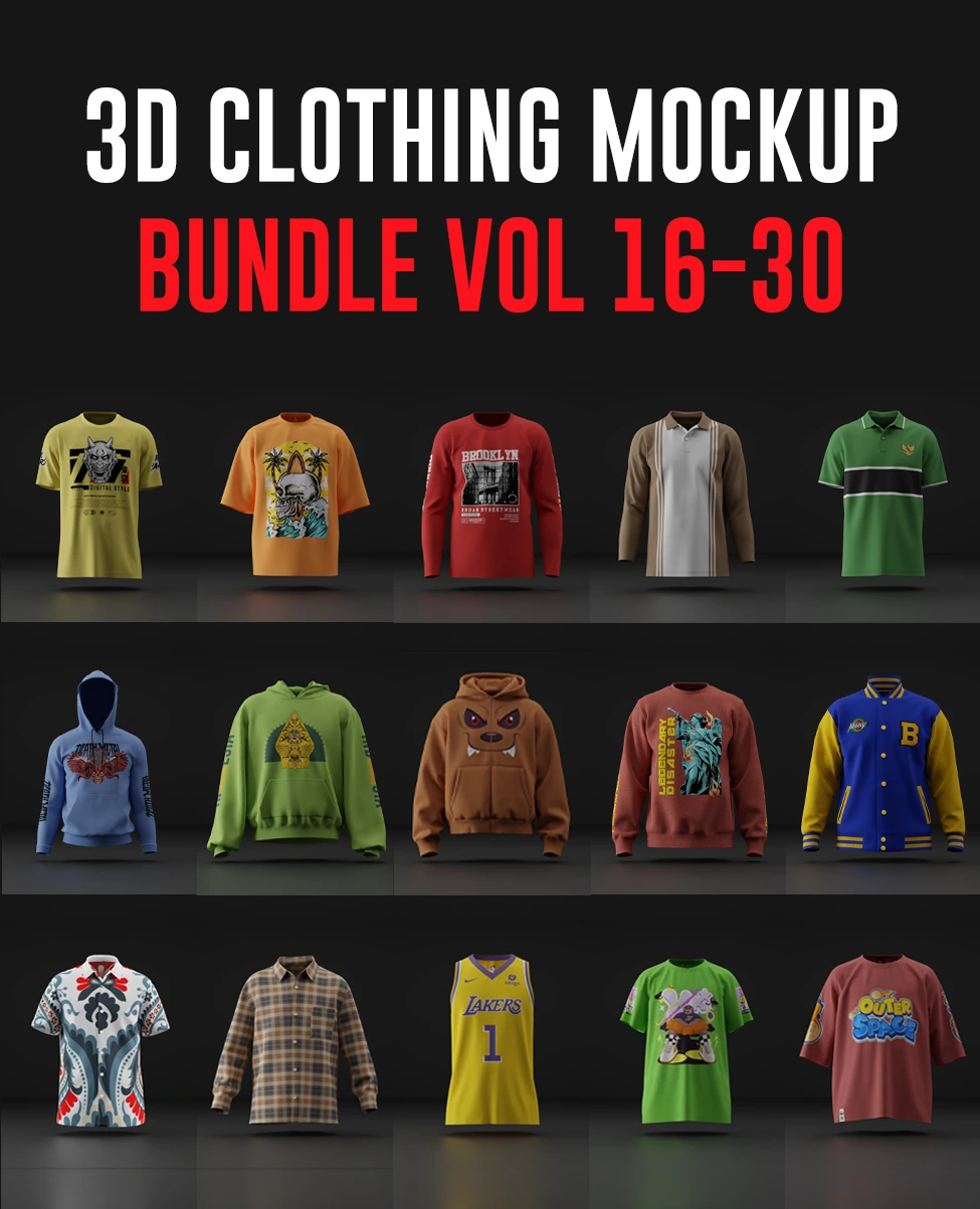 3D Clothing Mockups Bundle Vol 16-30 | Template Tiga Dimensi
